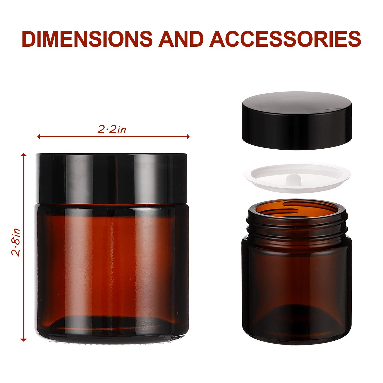 15 Pack 4 oz Amber Glass Jars with Lids, Round Empty Containers for Scrubs, Lotions, Cosmetic, Ointments and Butters, Travel Storage Jar with White Inner Liners £¬Black Lids, lables and Spatulas