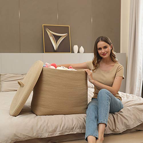 22"x14"x18" Rectangular Extra Large Storage Basket with Lid, Cotton Rope Storage Baskets, Laundry Hamper, Toy Bin, for Toys Blankets Storage in Living Room, Baby Nursery, All Beige