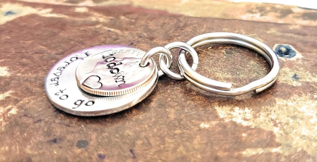 10 Down and Forever To Go 10th Year Anniversary Gift Key Chain with a 2014 Dime and Silver Aluminum Charm