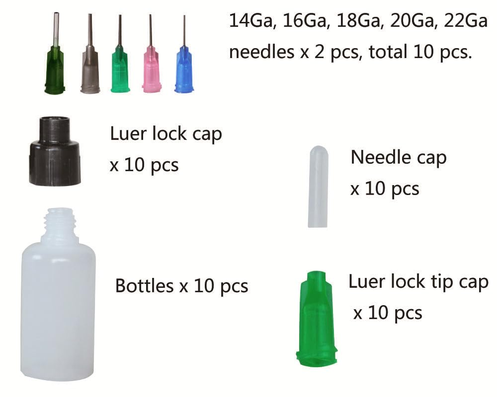 10 Packs 30ml Luer Lock Bottles Glue Henna Jagua Dispensing Bottles with Luer Lock Caps, Blunt Needles and Needle Caps