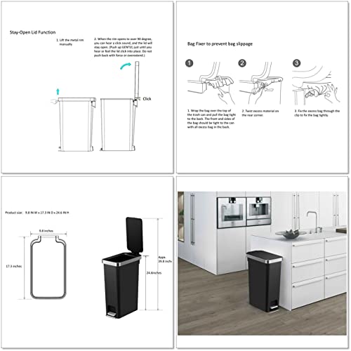 10.5 gal Plastic Slim Kitchen Step Trash Can, Black, 17.30" L x 9.80" W x 24.60" H