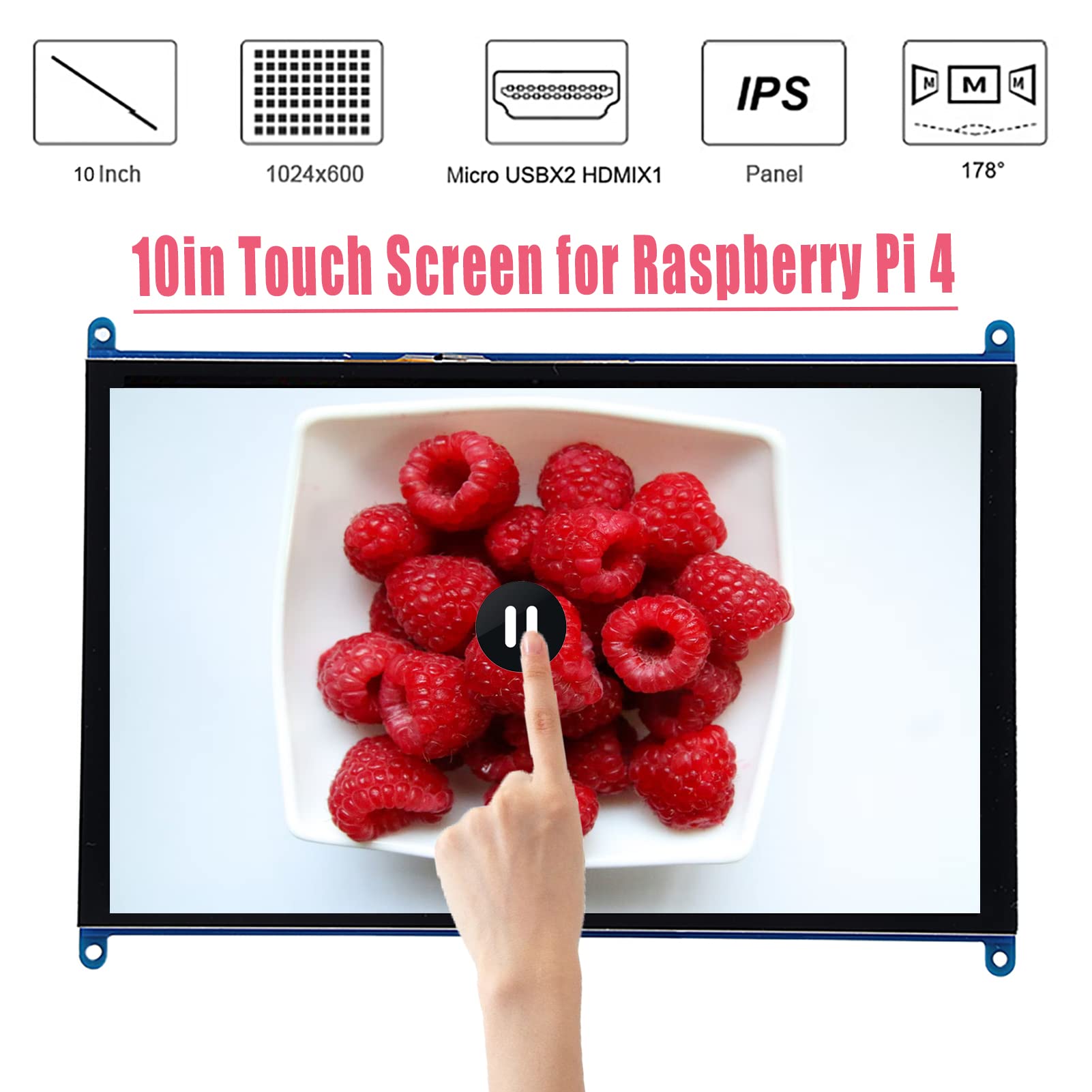 10in Touch Screen, 1024×600 LCD Display with Charging Cable, for Raspberry Pi 4 Screen, for Raspberry Pi/Windows/Ubuntu/Raspbain/Ulinx/Linx