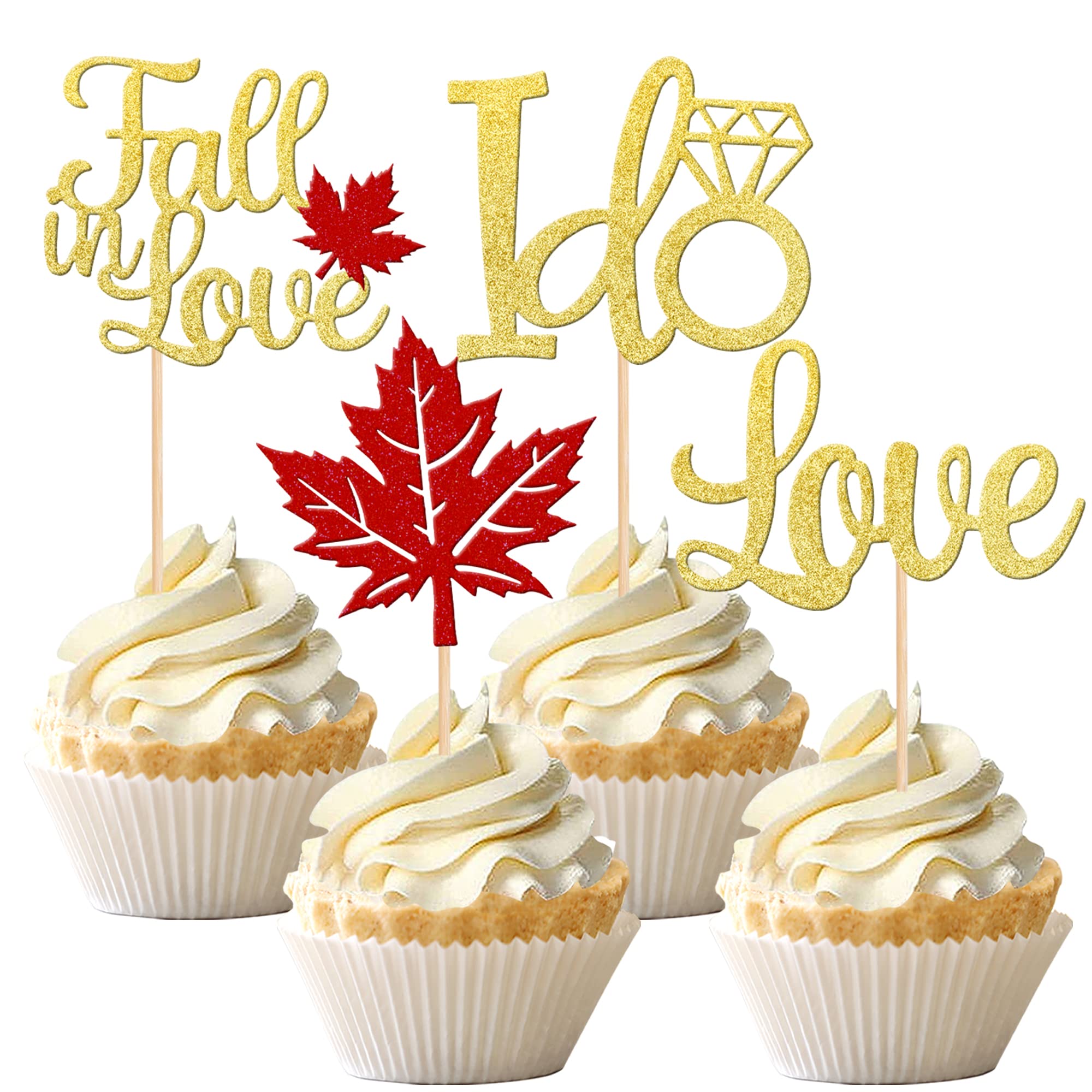 24 PCS Fall in Love Cupcake Toppers Glitter Maple Leaves Love I Do Cupcake Picks Fall Theme Wedding Cake Decorations for Bridal Shower Engagement Thanksgiving Birthday Party Supplies