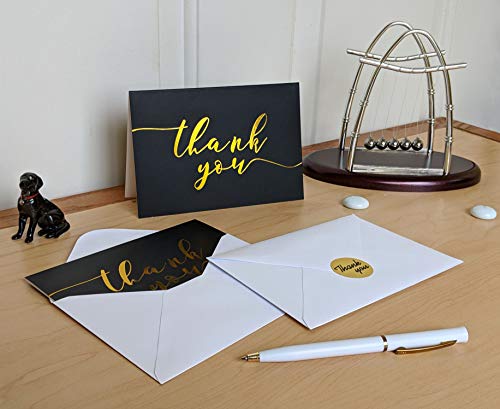 100 Thank You Cards in Black with Envelopes and Stickers - Quality Elegant Bulk Notes Embossed with Gold Foil Letters for Weddings, Graduations, Engagements, Business, Formal, Funeral, 4x6