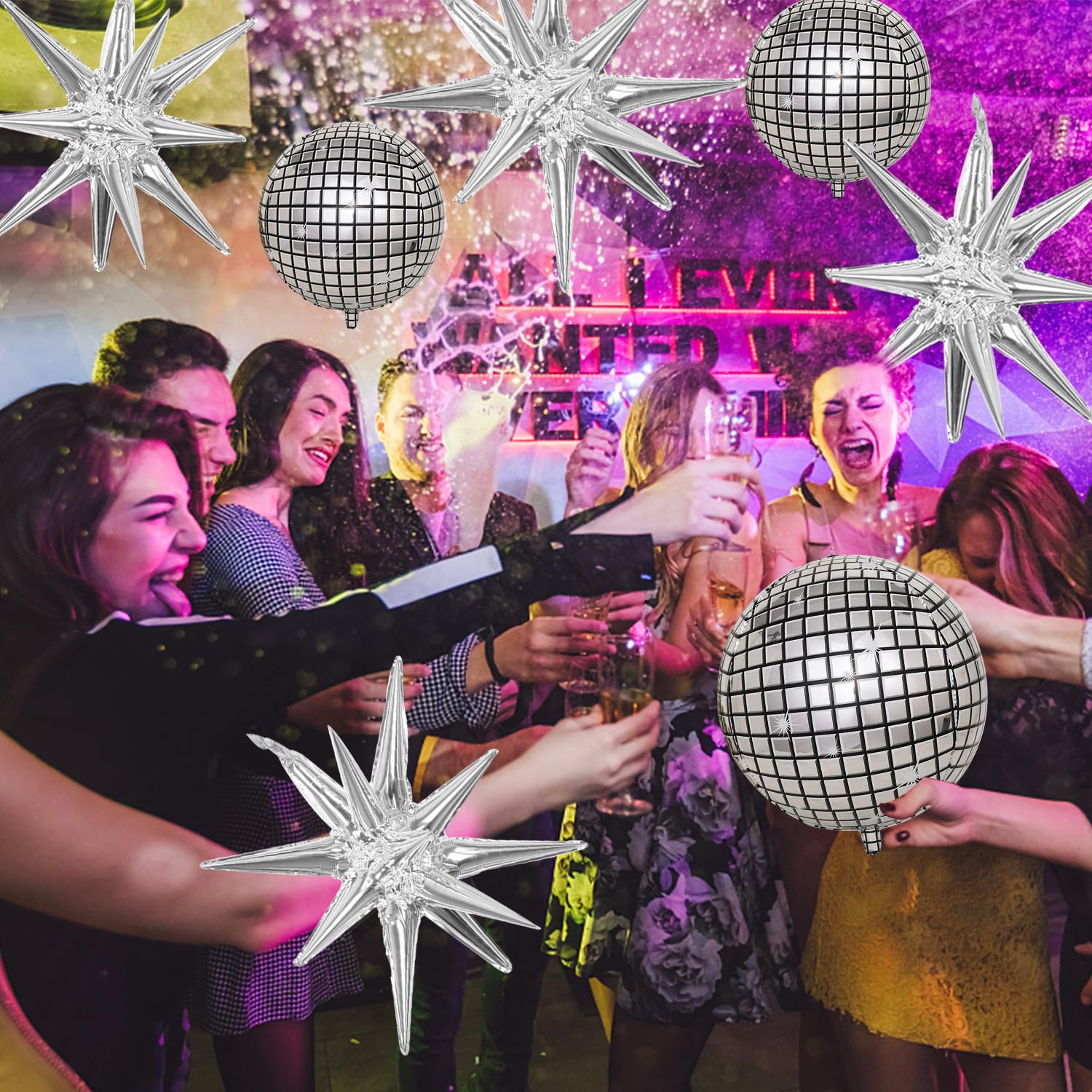 10 Pcs Party Disco Balloons Party Decorations, 6 4D Disco Balloons Metallic Mirror Foil Balloons and 4 Silver Explosion Foil Cone Balloons