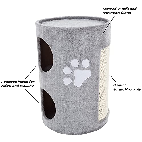 20.5-Inch Cat Condo β 2 Story Cat House with Sisal Scratch Pad, Barrel Shaped Pet House Covered in Soft Fabric by PETMAKER (Gray)