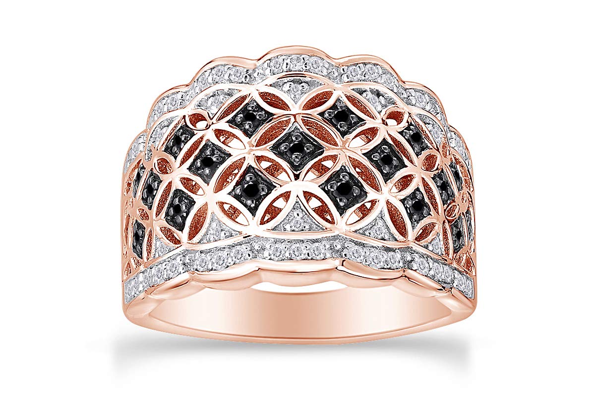 1/3 Carat Filigree Ring In Natural Black & White Diamond 14K Rose Gold Over Sterling Silver (0.33 Cttw, I2-I3 Clarity) Ring Size-10