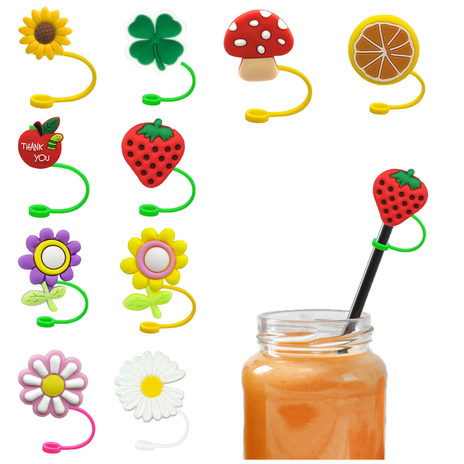 10 Pieces Straw Cover Cap Reusable Silicone Straw Toppers Drinking Straw Tips Lids for 6-8 mm Cute Straws Plugs (Not include Straw) (2D Style 2)