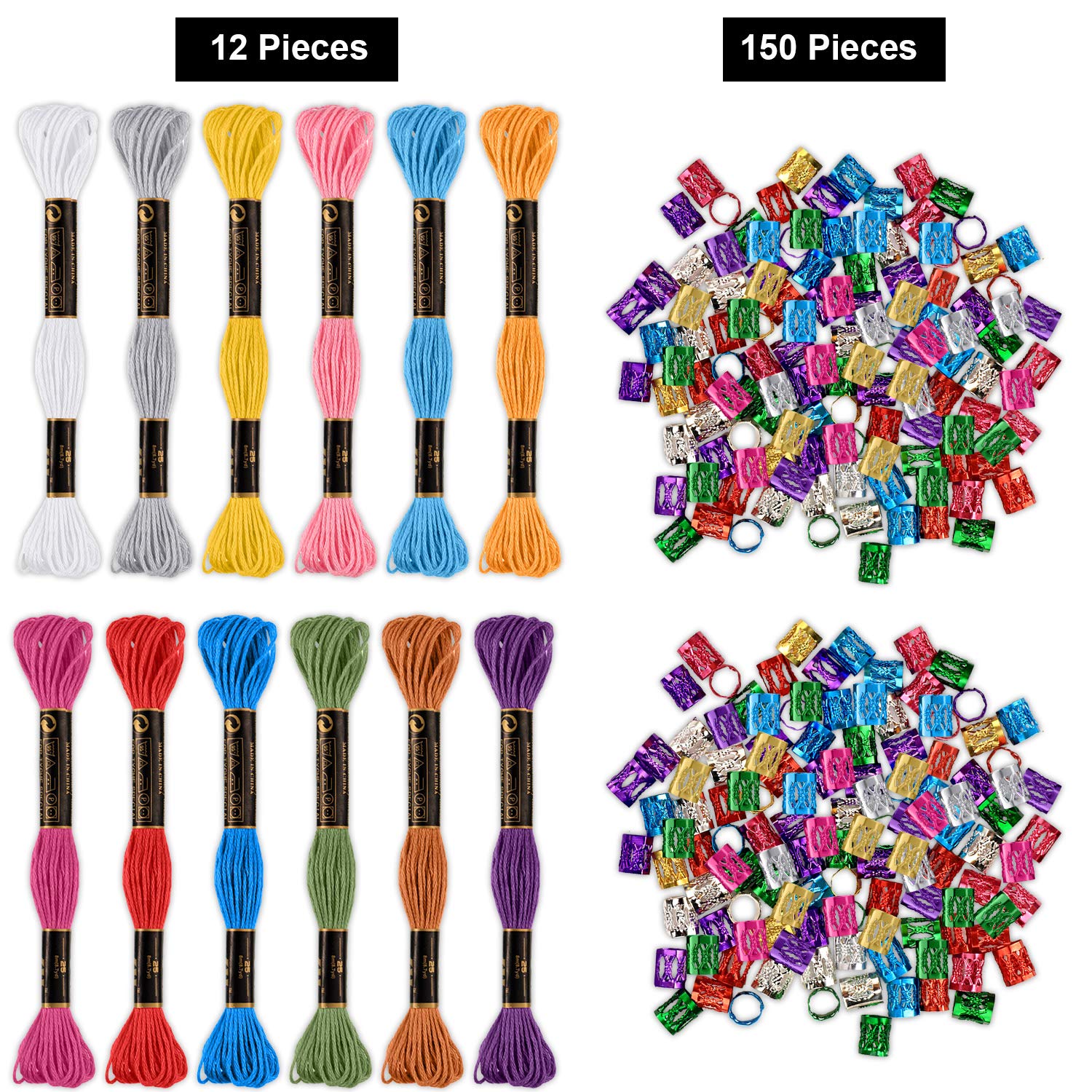 162 Pieces Hair Accessory Set - 12 Braiding Strings for Hair and 150 Metal Cuffs in Colorful Designs