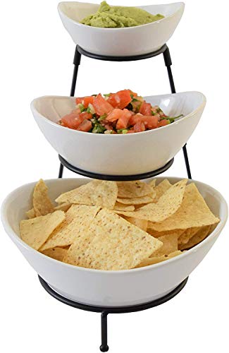 3 Tier Oval Chip and Dip Bowl Set Party Food Server Display Set Tiered Snack Server with Metal Rack