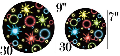 Serves 30 Complete Party Pack Neon Glow Party Supplies 9" Dinner Paper Plates 7" Dessert Paper Plates 9 oz Cups 3 Ply Napkins 1 Table Cover Size: 54" x 108" Neon Glow Party Theme