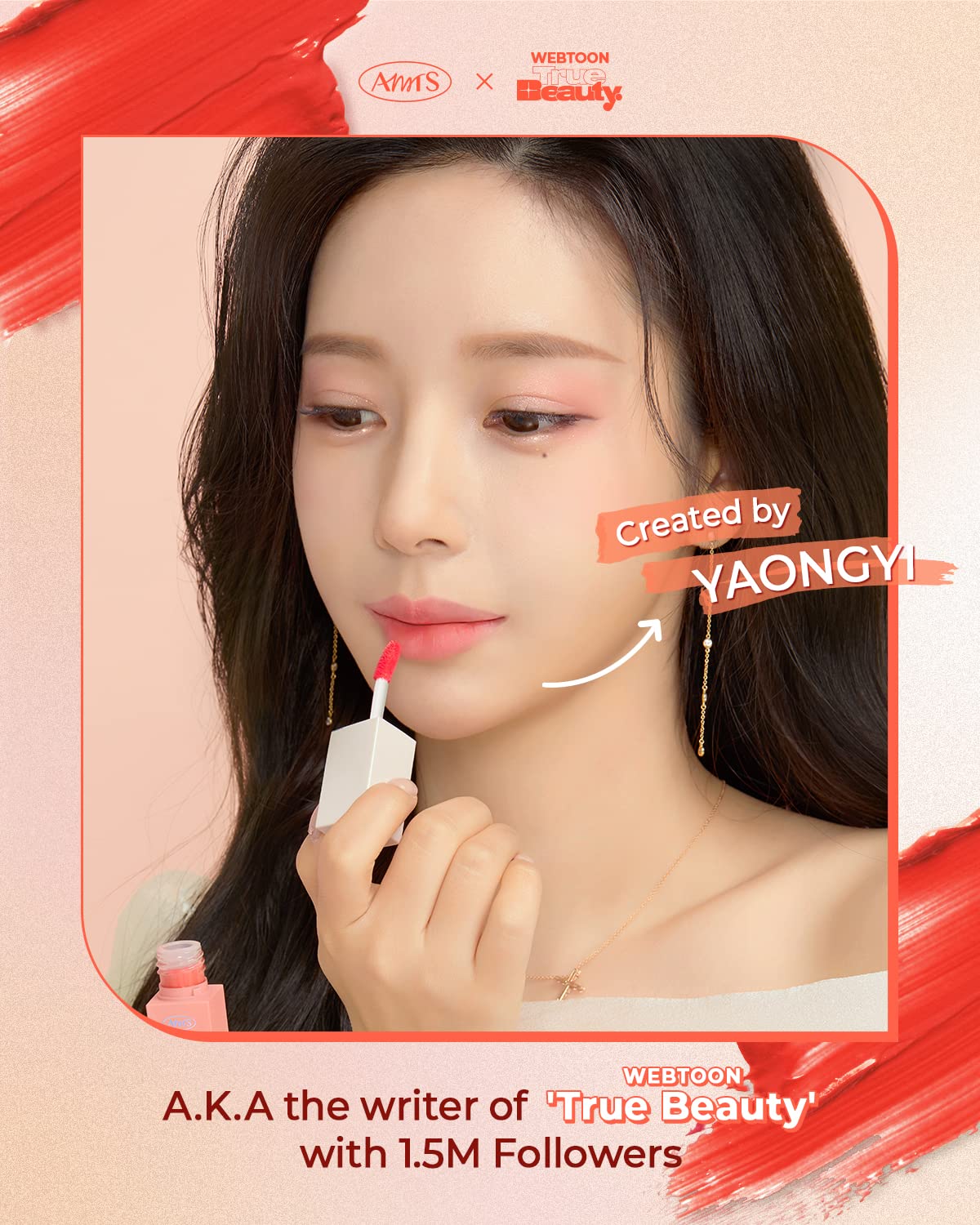 AMTS Webtoon True Beauty - 02 Some Sweet | Coral Lip Tint Stain | High Pigment Liquid Shine Non-Sticky Long-Wearing Long-Lasting | Korean Webtoon True Beauty Cute Coral Makeup