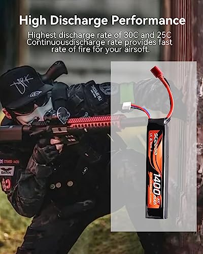 11.1V LiPo Battery Airsoft Deans Connector Rechargeable 1400mAh 30C Stick Battery with T Plug to Mini Tamiya Cable for Airsoft Guns Airsoft Rifle