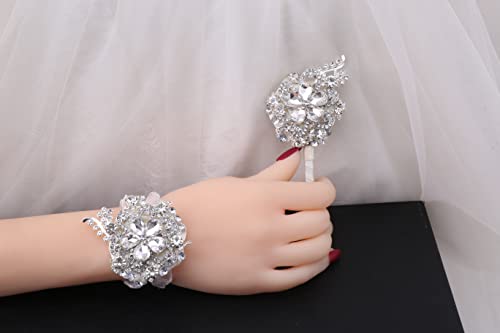 2 Pack Corsage Wristlet Luxury Dazzle Crystal Diamond Boutonniere Set Wrist*1 for bride and Corsage*1 for groom on Wedding Party