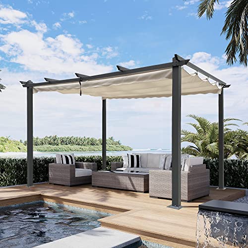 13 x 10 Ft Outdoor Patio Retractable Pergola with Canopy Sun shelter Pergola for Gardens, Terraces and Backyard (13 x 10 Ft, Light Brown)