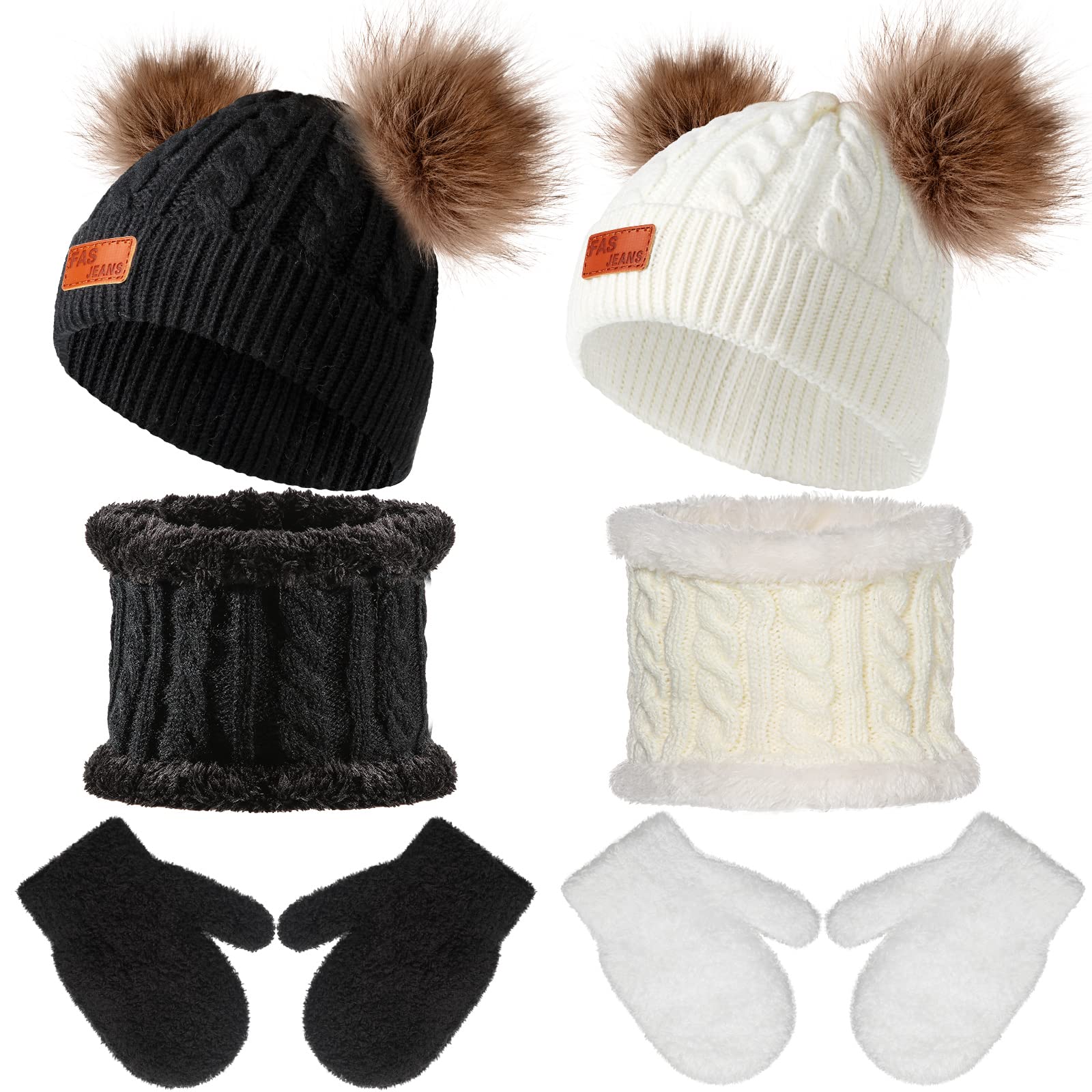 6 Pcs Toddler Winter Hat and Gloves Set with Neck Warmer Kids Pompom Hat Knitted Beanie Mittens for Baby Boys Girls 0-4 Year(Black, White)