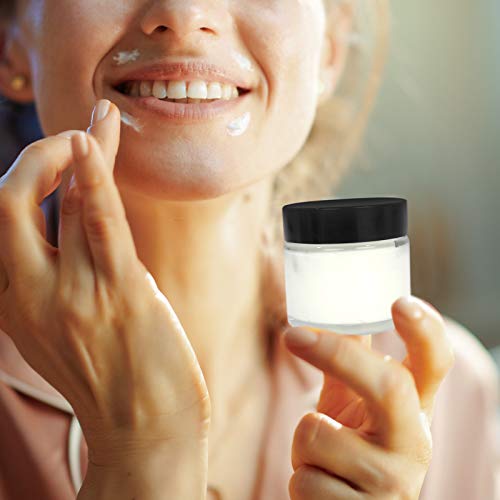 24 Pack 1oz Clear Round Glass Jars - Empty Cosmetic Containers with Inner Liners, black Lids and Glass Sample Jars with labels For Slime, Beauty Products, Cosmetic, Lotion,Powders and Ointments