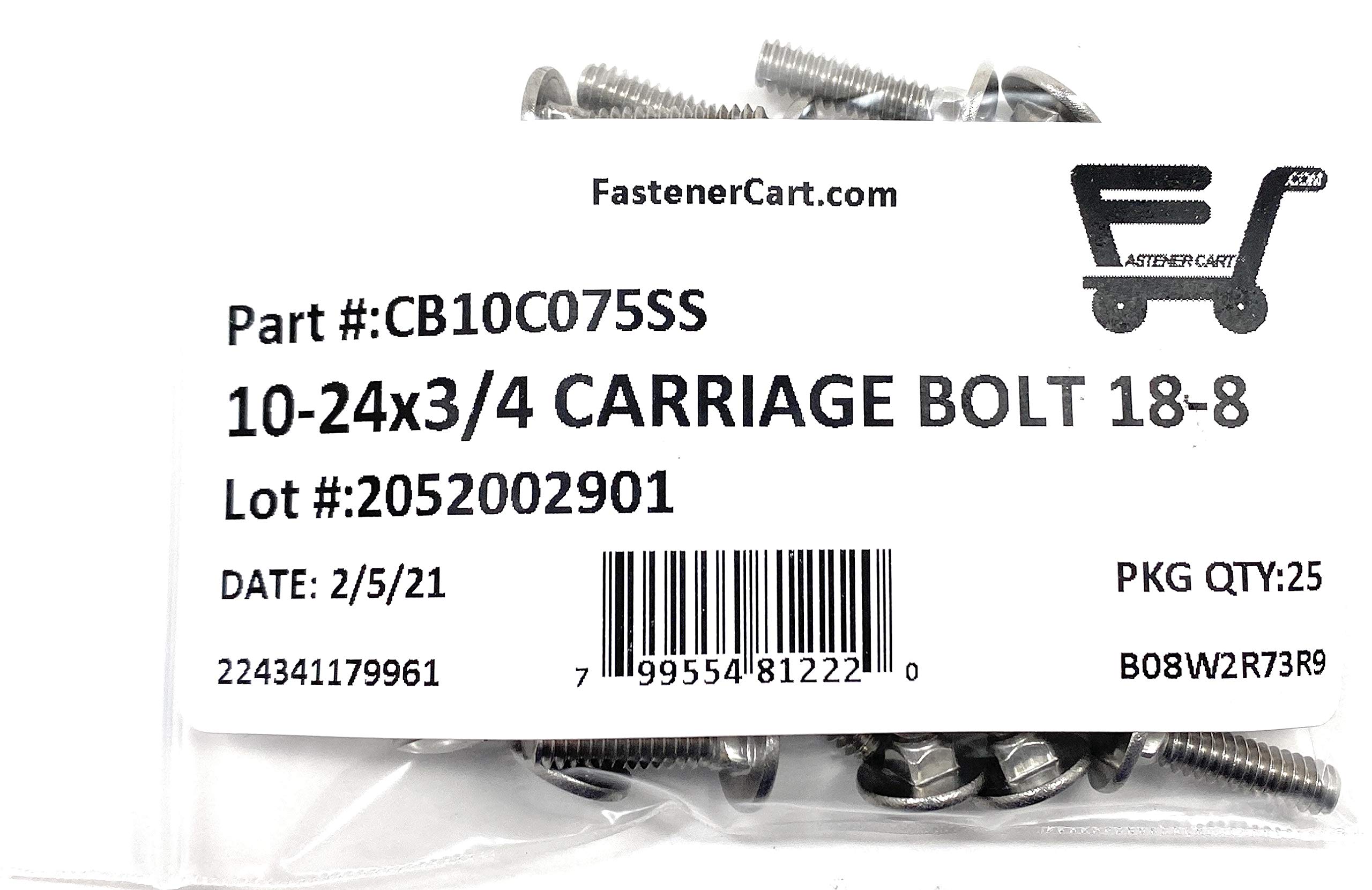 10-24x3/4 Carriage Bolts Stainless Steel 18-8 (25 Pieces)