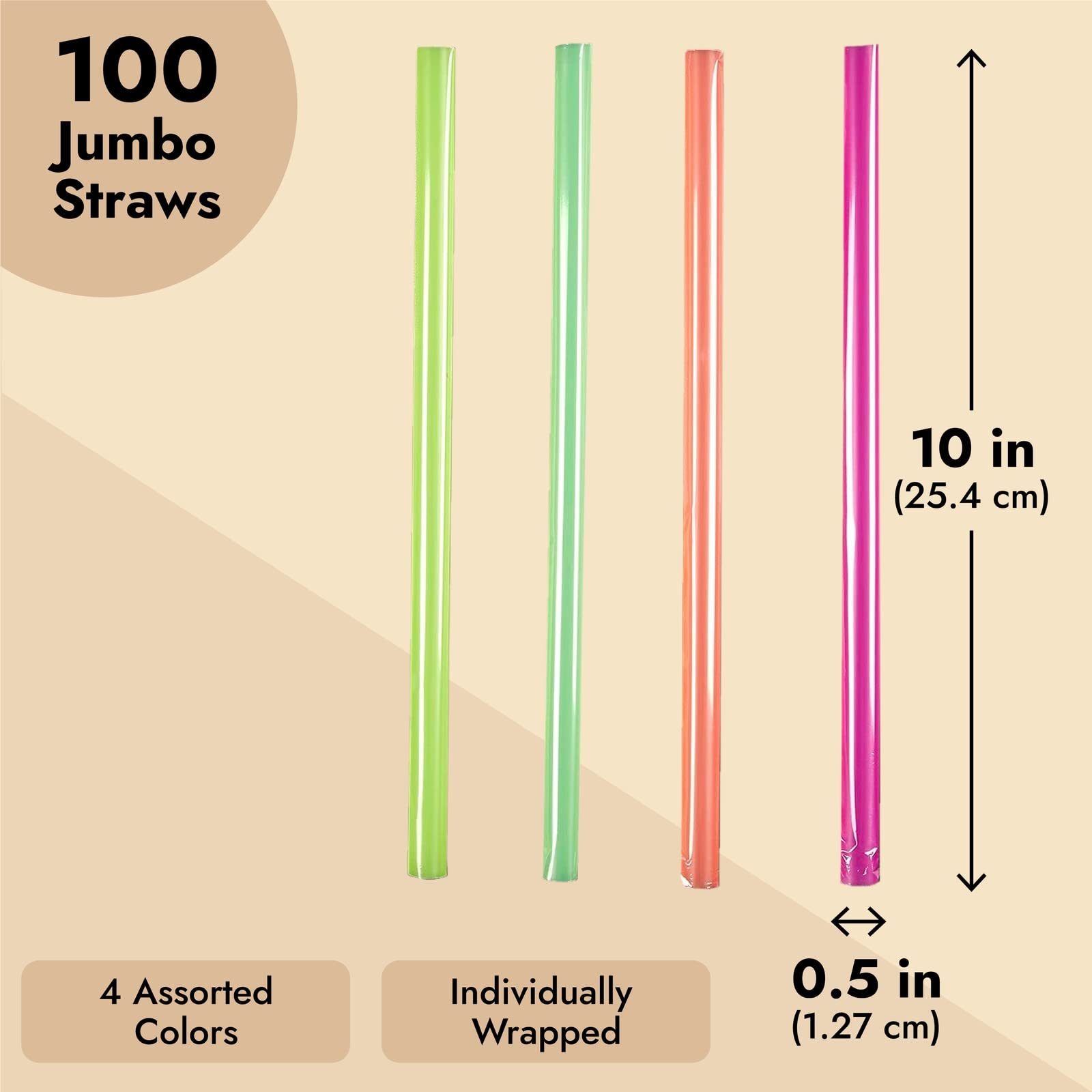 100-Pieces of Plastic Disposable Jumbo Straws Individually Wrapped 10 Inches Long for Boba, Fruit Smoothies, Milkshakes, Bubble Tea (4 Colors, 0.5 Inch Diameter)