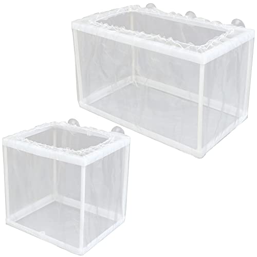 2 Pack Fish Breeding Box, 2 Pcs Fish Tank Breeder Net, Aquarium Separation Net Nylon Incubator Mesh, Fry Hatchery Incubator Mesh with 8 Suction Cup for Newborn Small Fish (Small Size, Big Size)