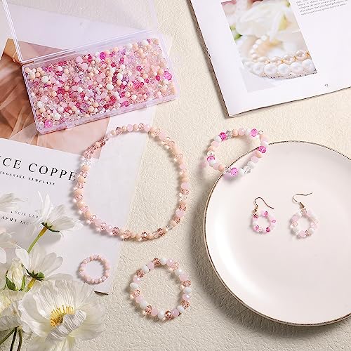 1000pcs Crystal Glass Beads Kit, 4/6/8mm Pink Loose Assorted Crystal Beads Sparkle Round Glass Beads with Holes for Jewelry Necklace Bracelet Making
