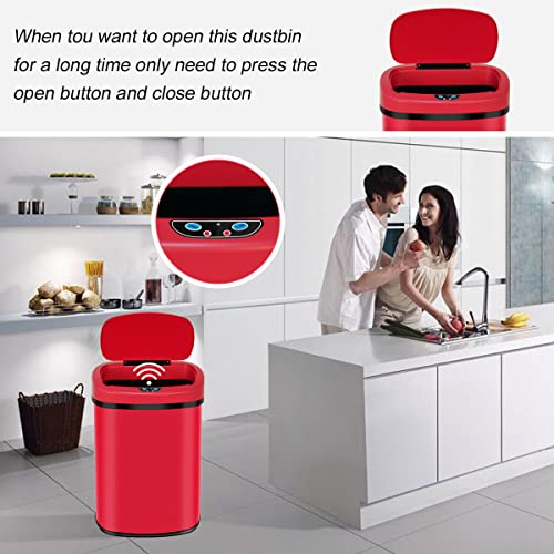 13 Gallon 50 Liter kitchen Trash Can with Touch-Free & Motion Sensor, Automatic Stainless-Steel Garbage Can, Anti-fingerprint Mute Designed Trash Bin Touchless Trash Can for Office Bedroom, Red