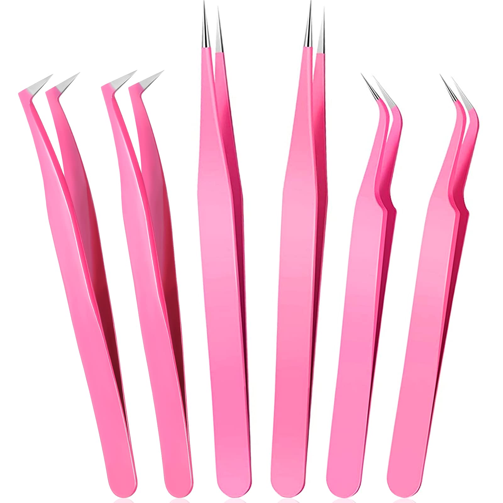6-Pack Eyelash Extension Tweezers, Stainless Steel Straight Curved Tip Tweezers Single Eyelash False Eyelash Application Tools(Pink)