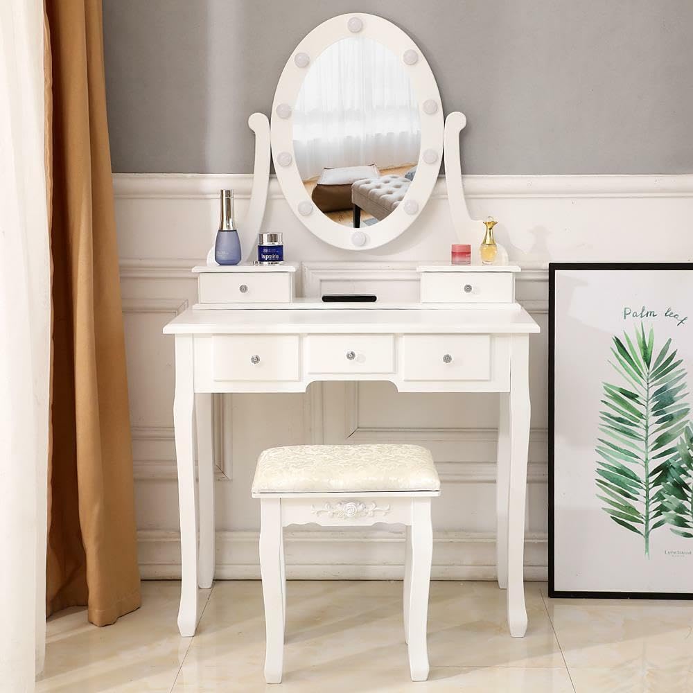 10 LED Lighted Mirror Vanity Table Set Makeup Dressing Desk 5 Drawers Wood, White