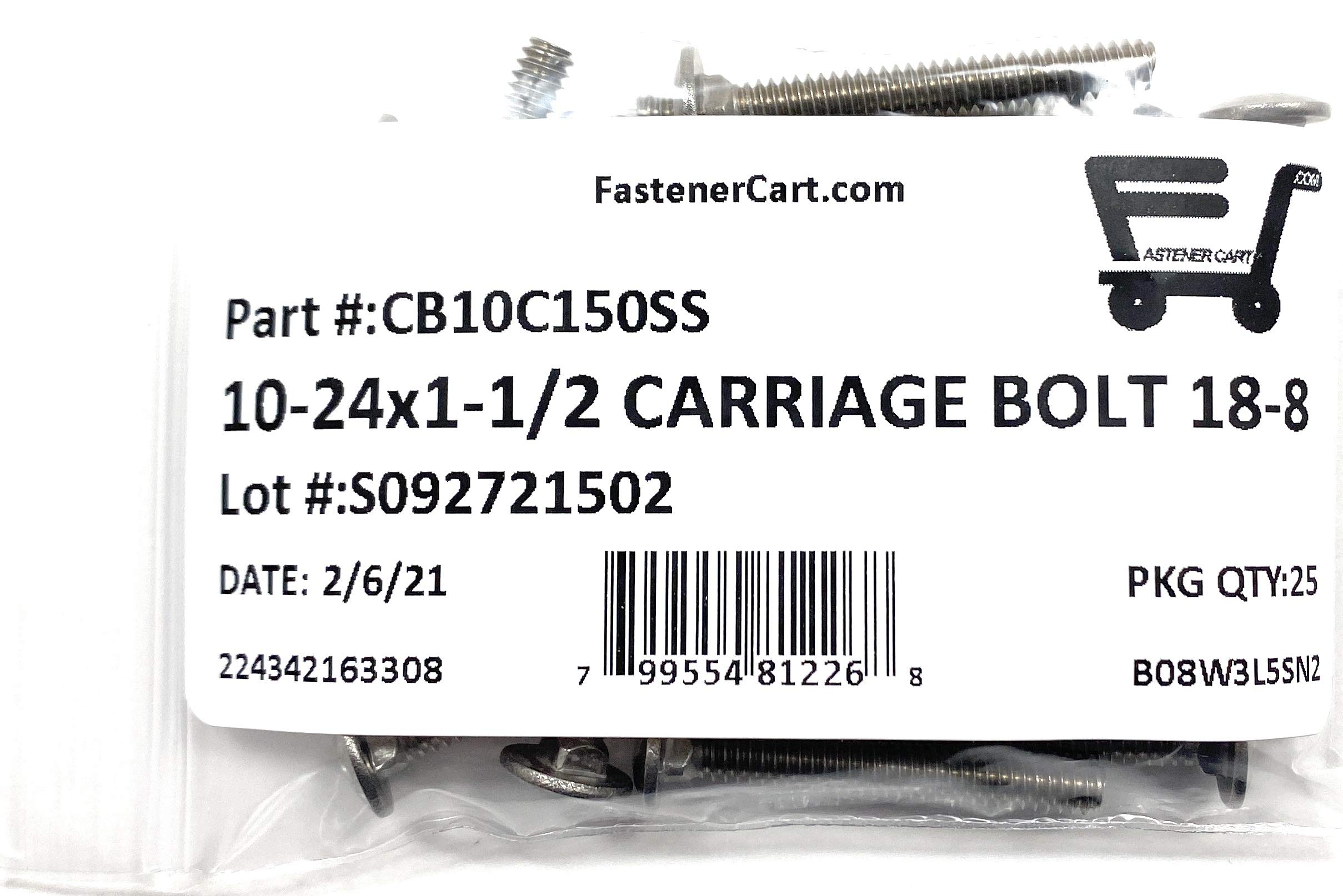 10-24x1-1/2 Carriage Bolts Stainless Steel 18-8 (25 Pieces)