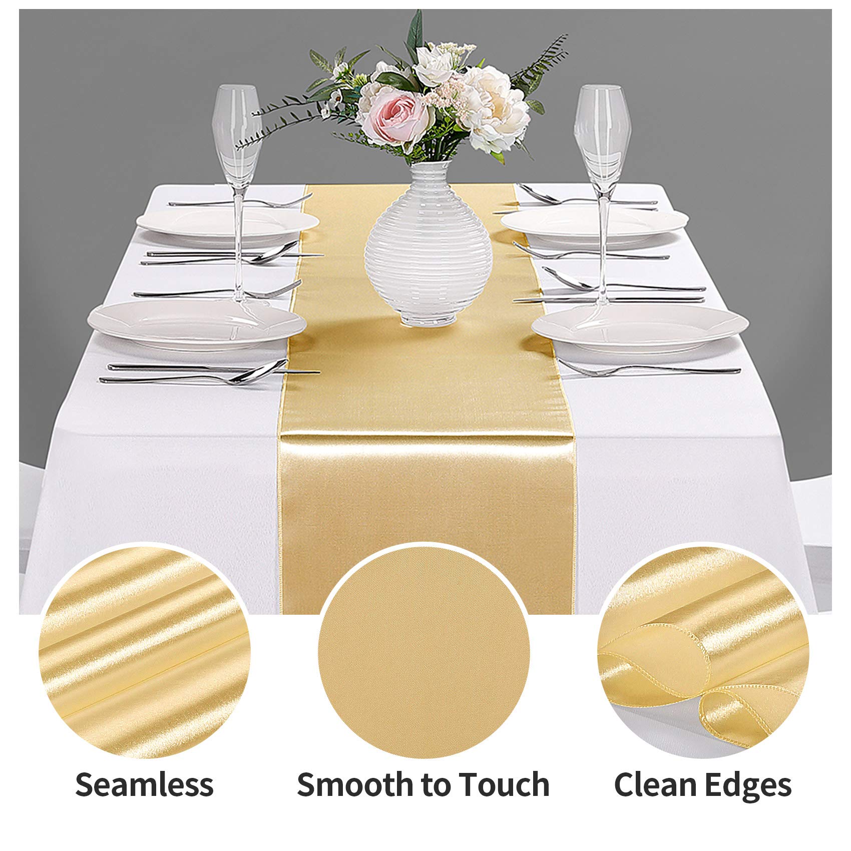 10-Pack Satin Table Runner Light Gold 12 x 108 inches Long, Table Runners for Wedding, Birthday Parties, Banquets Decorations(10 Pack, 12x108 Inch, Light Gold)