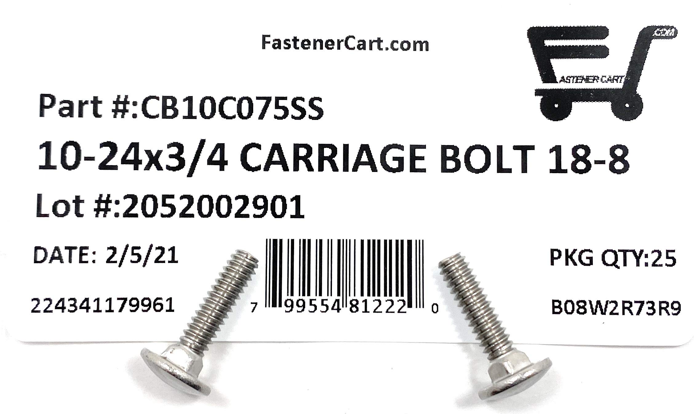 10-24x3/4 Carriage Bolts Stainless Steel 18-8 (25 Pieces)