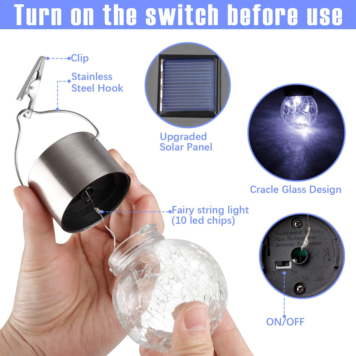 10-Pack Hanging Solar Lights Outdoor, Solar Powered Cracked Glass Ball Light, Decorative Globe Lighting Outdoor Waterproof with Handle for Garden, Tree, Holiday Decoration, Cool White