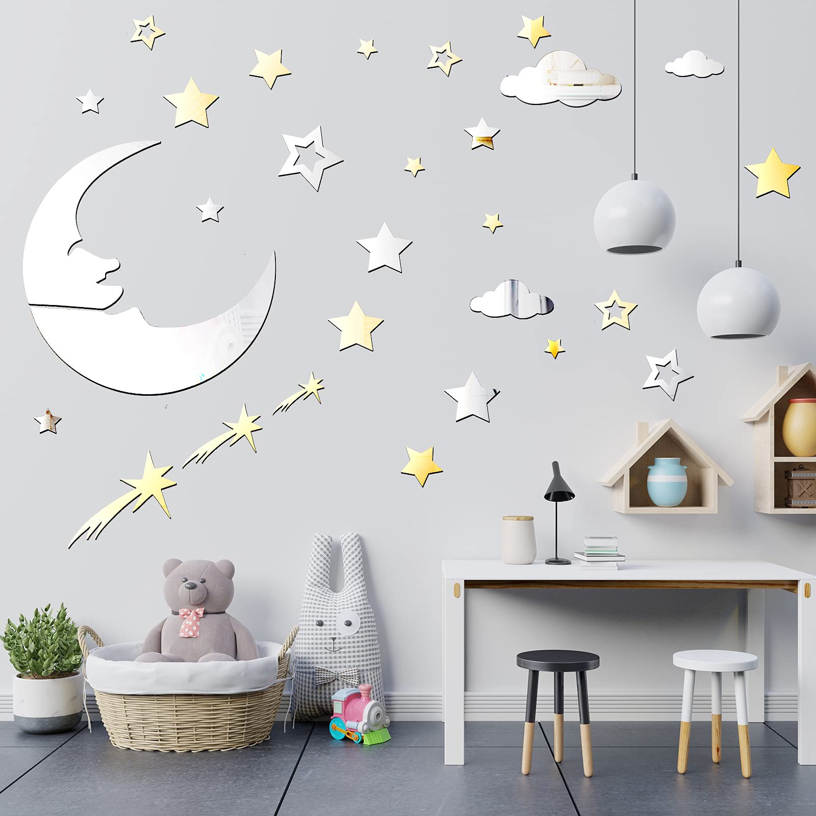 82 Pieces Moon and Stars Mirror Decals Removable 3D Acrylic Mirror Stickers Moon and Stars Wall Stickers Home Decor for Living Room Kids' Room Nursery Decoration