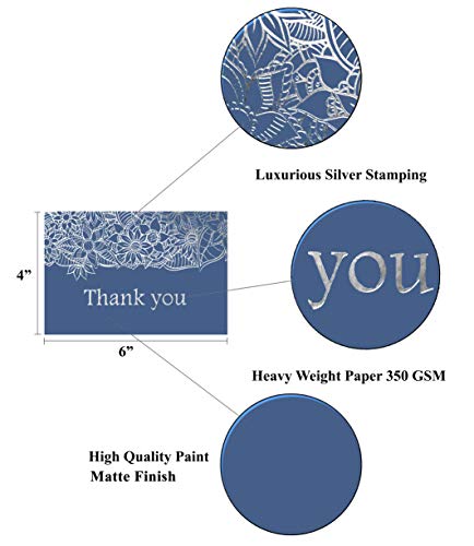 120 Thank You Cards in Navy Blue with Envelopes & Stickers - Elegant 6 Designs Bulk Notes Embossed with Silver Foil Letters for Wedding, Formal, Business, Graduation, Funeral 4x6 Inch Thick Card Stock