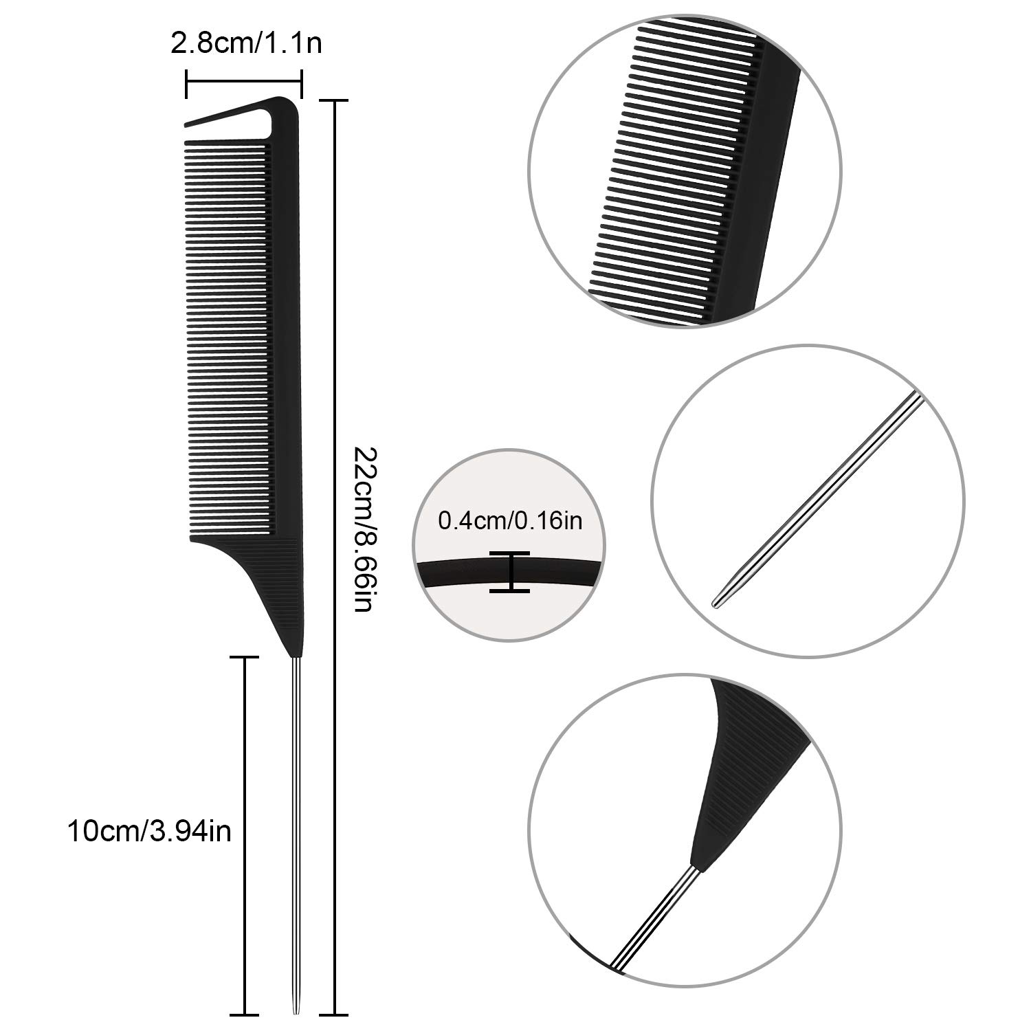 18 Pieces Parting Comb for Braids, Rat Tail Teasing Stainless Steel Pintail Comb for Hair Cutting Hair Styling Hairdressing (Black, Pink)