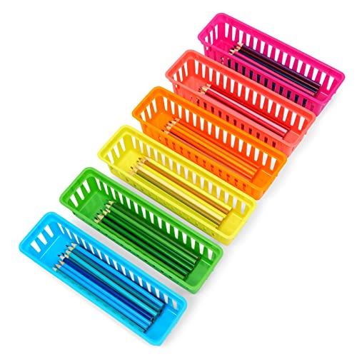 12-Pack Small Pencil Holder Trays, Elementary Teacher Supplies for Classroom Must Haves, Caddy, Plastic Organizer Baskets for Office Storage, Organization, Decorations (Rainbow, 10.0x2.9x2.4 in)