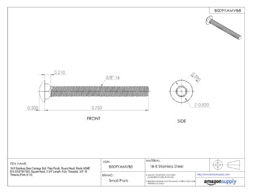 18-8 Stainless Steel Carriage Bolt, Plain Finish, Square Neck, Round Head, Meets ASME B18.5/ASTM F593, 2-1/2" Length, Fully Threaded, 5/16"-18 UNC Threads (Pack of 10)