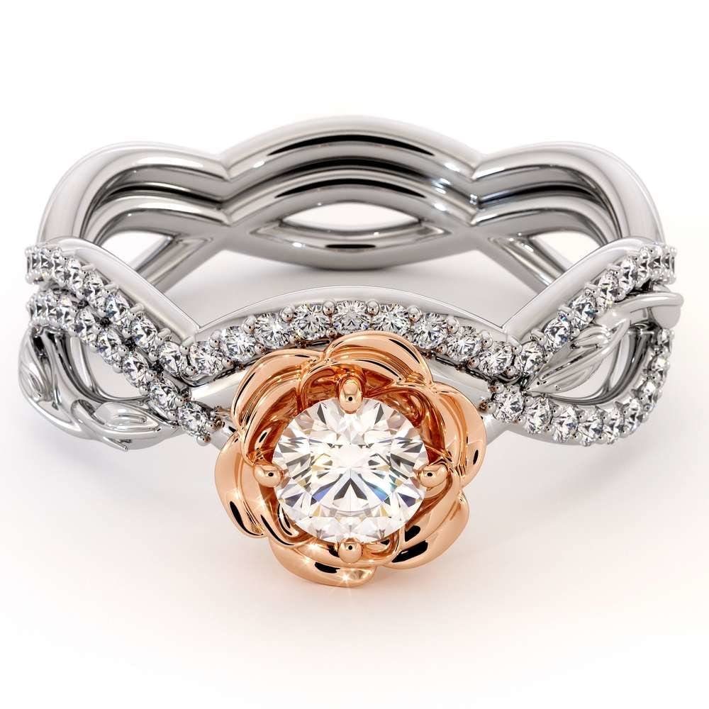 1.8 Ct Round Cut White Diamonds Flower Leaf Twisted Band Two Tone Bridal Wedding Ring Set, 925 Sterling Silver Rhodium Plated (7, Two Tone Finish)