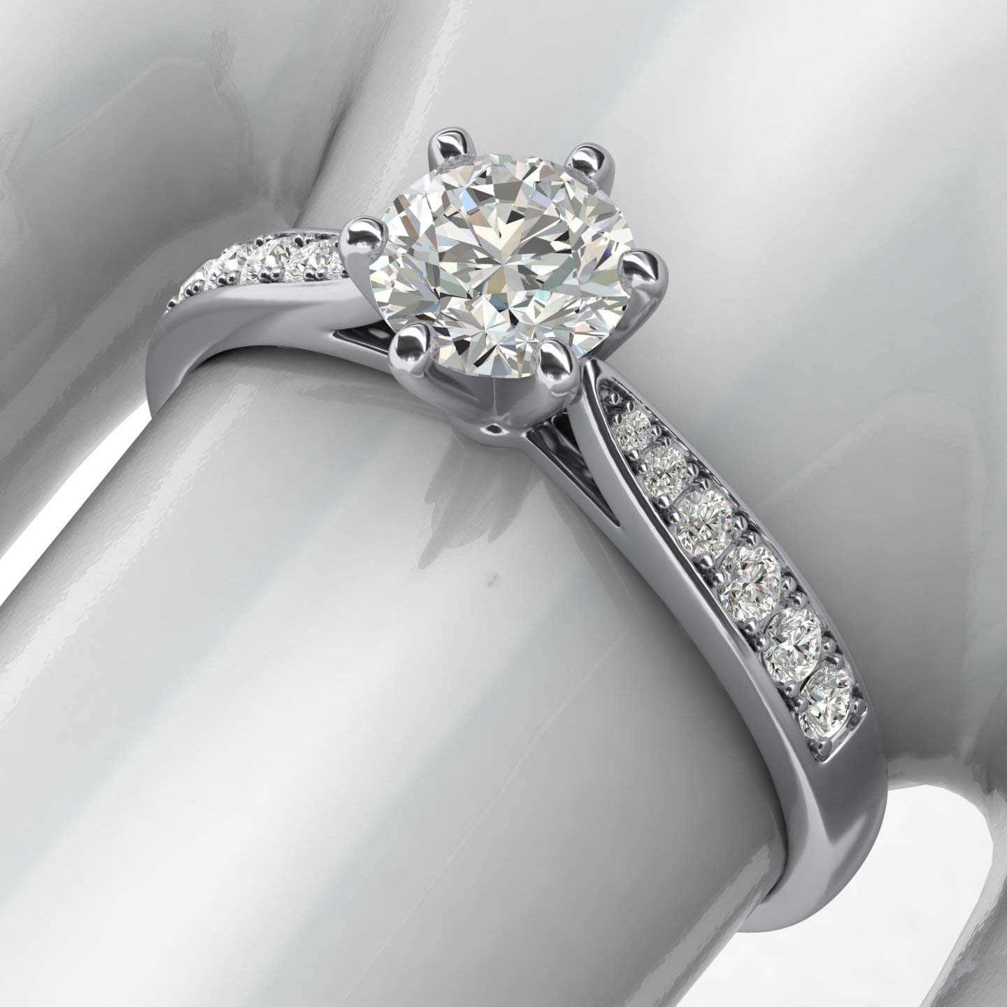 10k white gold 1.0 CT Classic 6-Prong Simulated Diamond Engagement Ring Graduated Side Stones Promise Bridal Ring (7)