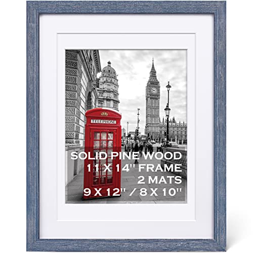 11x14 Rustic Blue Picture Frame Wooden Frame with 2 Mats for 8x10 or 9X12 Picture, 8x10 Picture Frame 9x12 Matted Picture Frame or 11x14 without Mat - Rustic Picture Frame 11x14 Wall Tabletop Display
