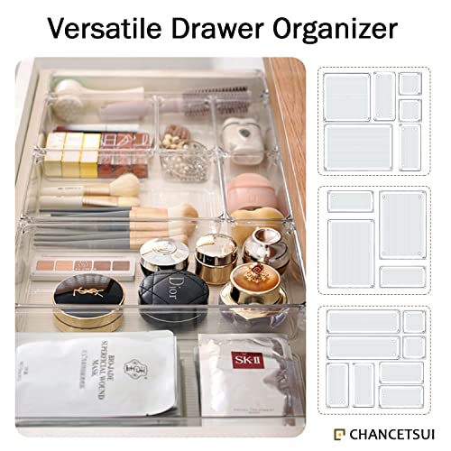 13 Pcs Drawer Organizer Set Clear Plastic Storage Bins Office Desk Drawer Dividers Trays with Non-Slip Silicone Pads, Dresser Separation Box for Makeup, Jewelries and Gadgets, Bedroom, Bathroom