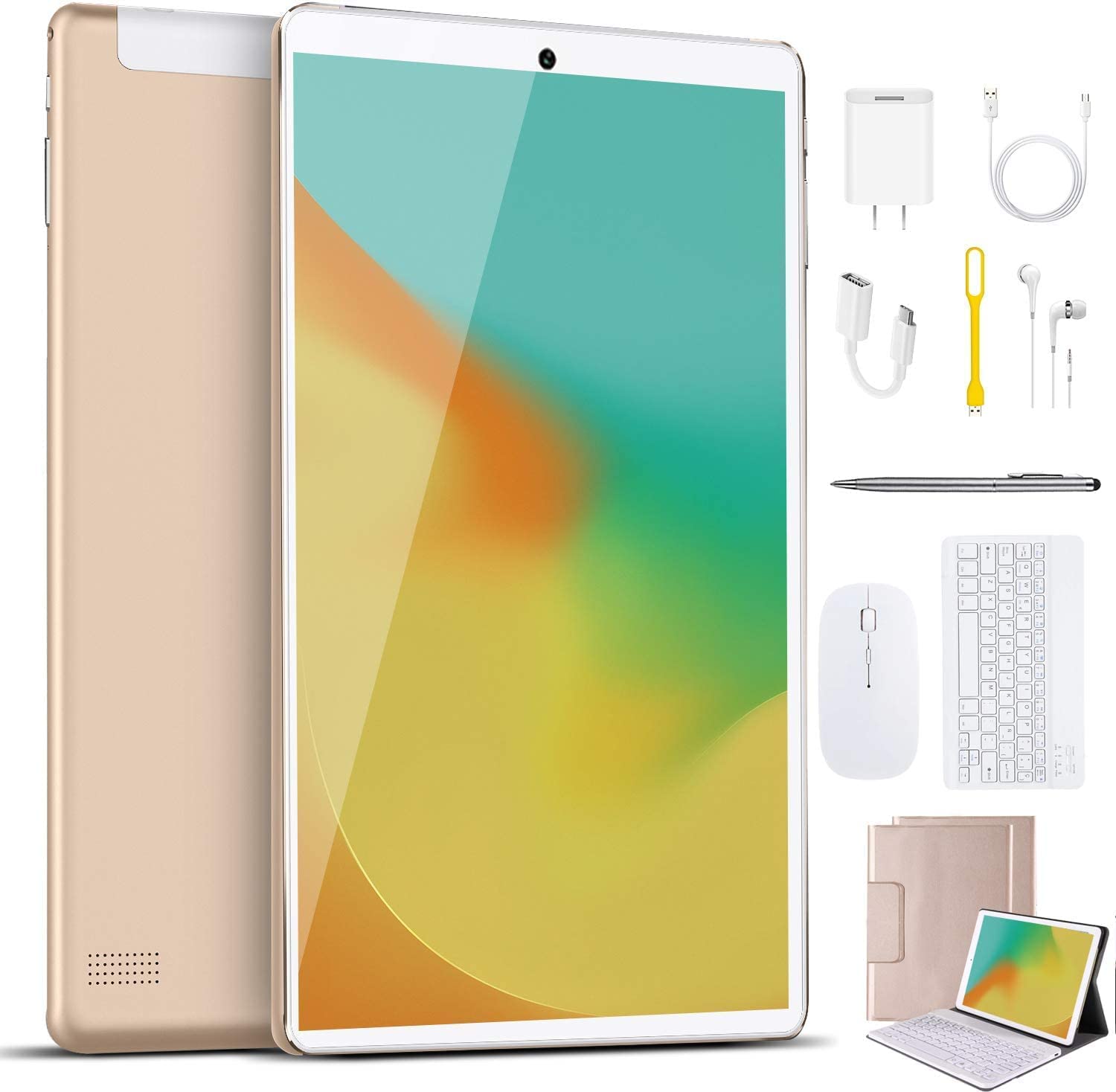 2 in 1 Tablet 10 inch Android 10.0 with Keyboard Mouse, 4GB RAM+64GB ROM/128GB Upgrade Tablets, Dual SIM 4G, Quad Core, 8MP Dual Camera, 8000mAh, WiFi, GPS, Bluetooth, GMS Certified Tablet(Glod)
