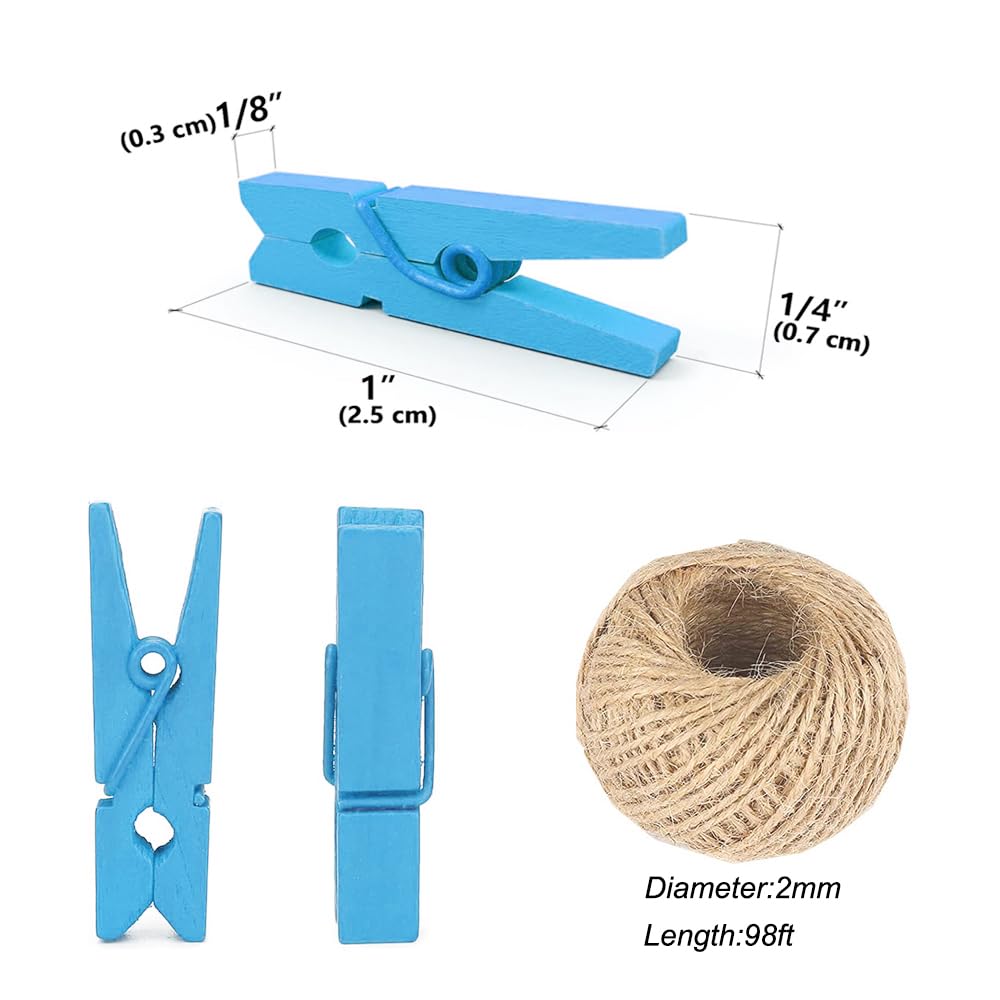 100 pcs Mini 25mm Natural Wooden Clips Photo Clips Clothespin DIY Wedding Party Wooden Clip Clips Pegs with 98 FT Jute Twine String(Blue)