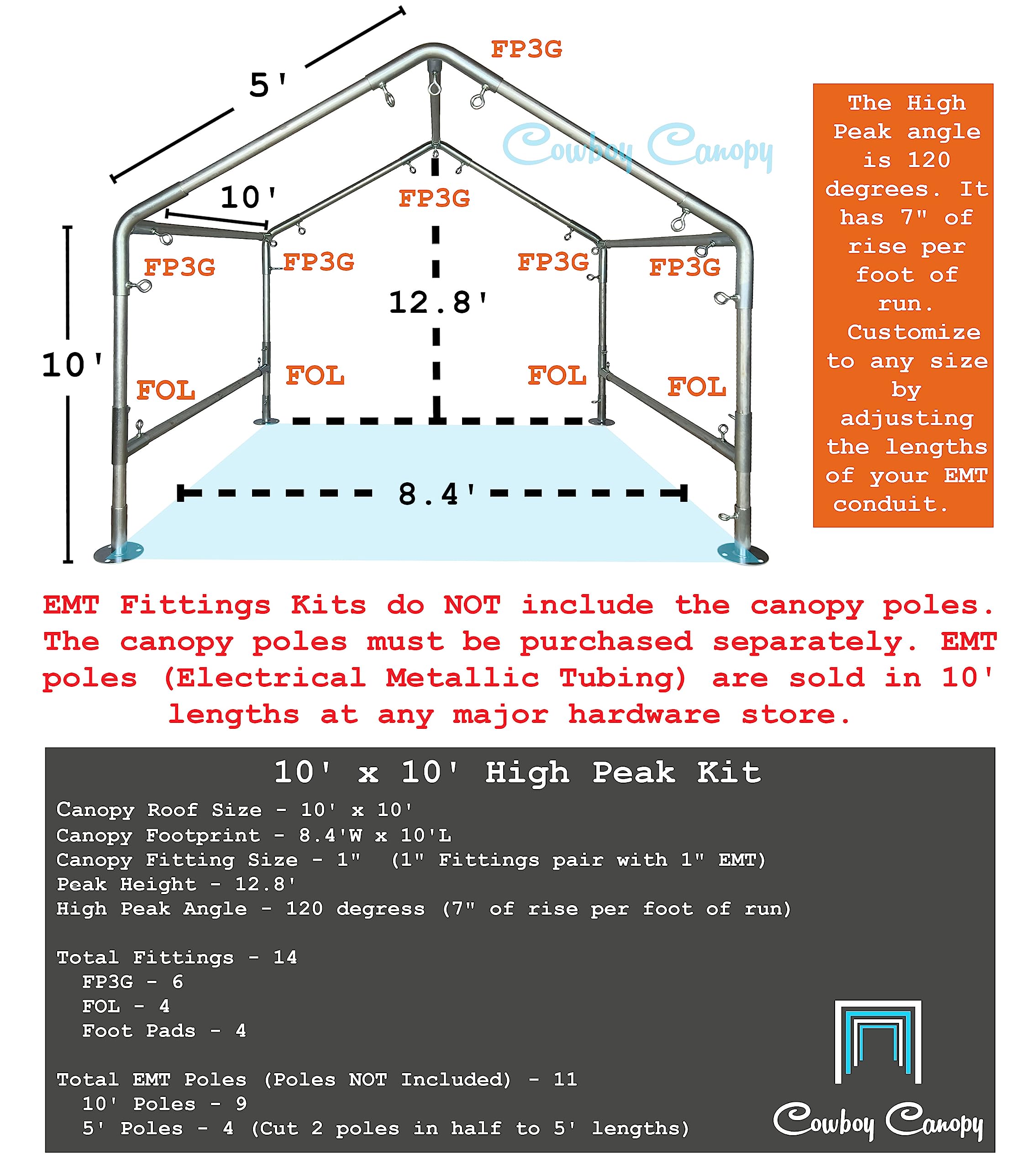10' x 10' High Peak Canopy Fittings, DIY RV & Boat Carport, Party Tent, 1" EMT Metal Frame Parts