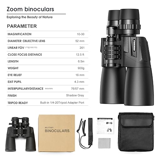 10-30x50 Zoom Binoculars for Adults, High Powered Military Binoculars for Bird Watching Traveling Hunting Concerts with Large View,BAK4,FMC Lens,Clear Low Light Vision at Night