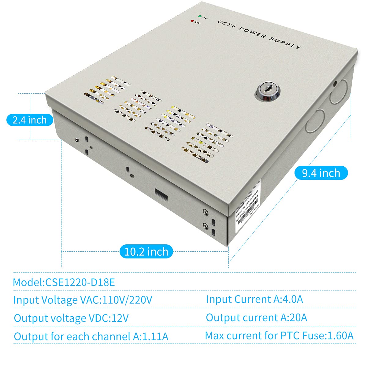 9 Channel 12 Volt DC Output 5A CCTV Distributed Power Supply Box for Security Camera with AC Plug and Lock for Security Cameras, DVRs, CCTV Power Supply (5A 9-Channel)