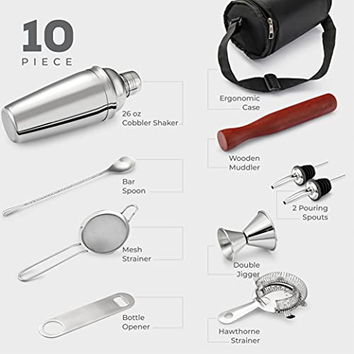 10-Piece Cocktail Shaker Set With Travel Bag - Stainless Steel Cocktail Shaker Set Bartender Kit - Mixology Bartender Kit - Strainer, Muddler, Jigger, Bar Spoon, Bottle Opener, Pour Spouts - Bar Set