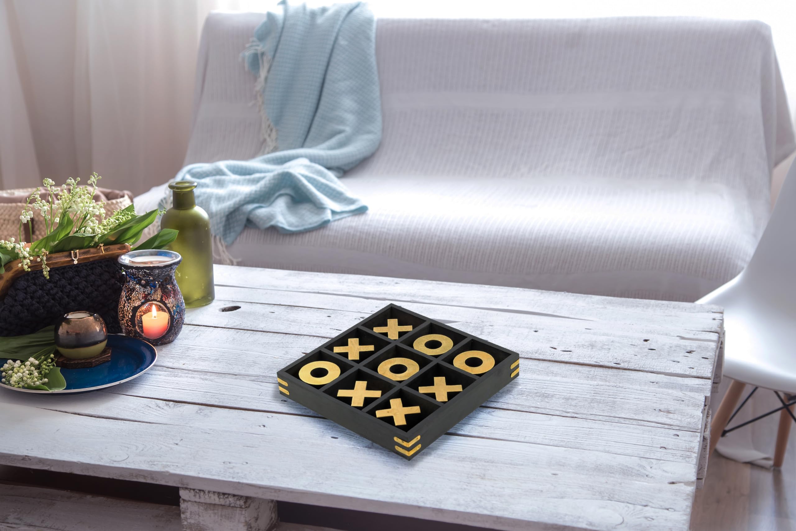 10" Large Elegant Premium Black Tic Tac Toe Board Game | Wooden Puzzle Game | Coffee Table Wooden Decor & Games | Lightweight Gold Plated Pieces