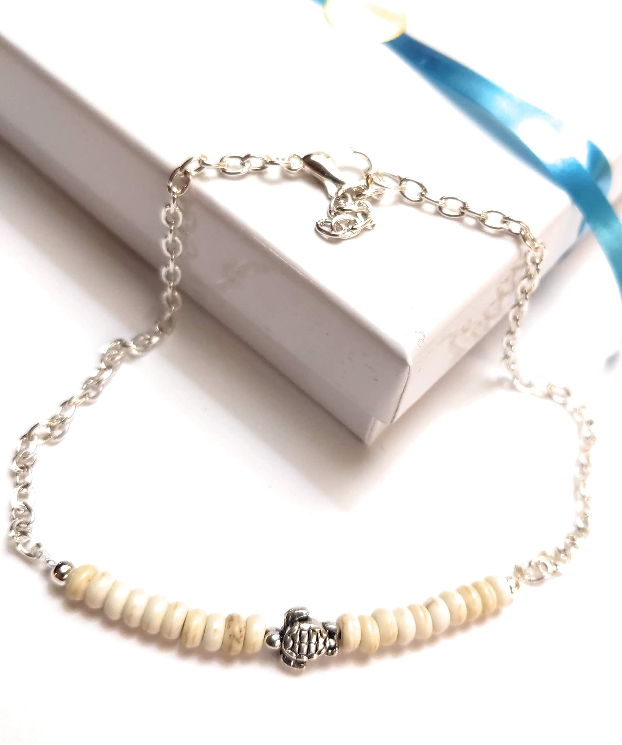 10 Inch Turtle Charm Ankle Bracelet With White Turquoise Beads Gift Boxed Anklet