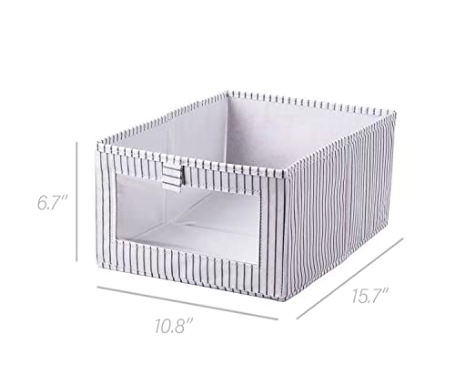 2 Pack Open Storage Bins, Washable & Visible Closet Clothing Organizer with Window. Foldable Fabric Baskets for Clothes, Towel, DVD, Book (Large White stripe)